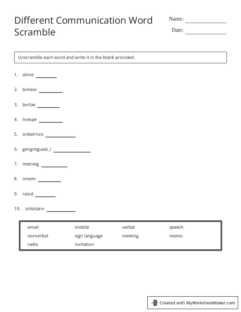 Different Communication Word Scramble - My Worksheet Maker: Create Your ...