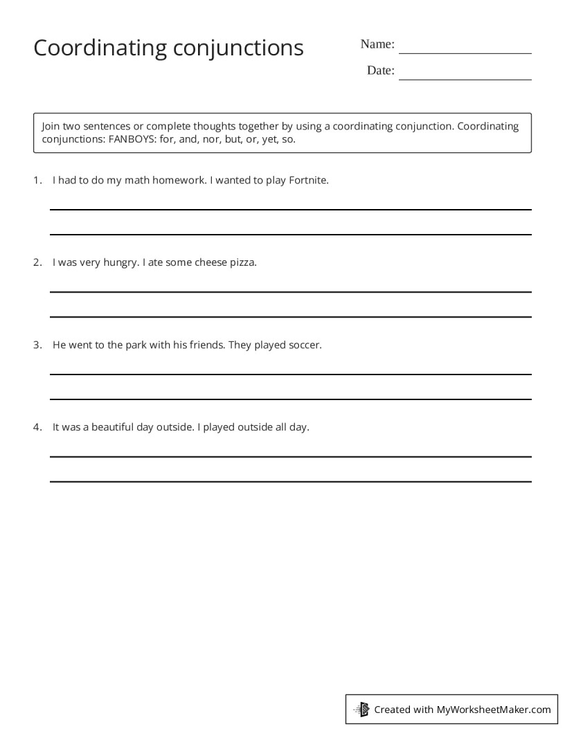 Coordinating conjunctions - My Worksheet Maker: Create Your Own Worksheets