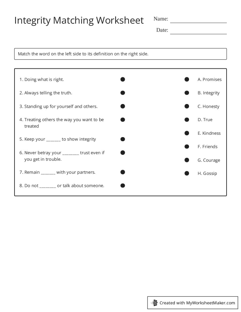 Integrity Matching Worksheet - My Worksheet Maker: Create Your Own ...