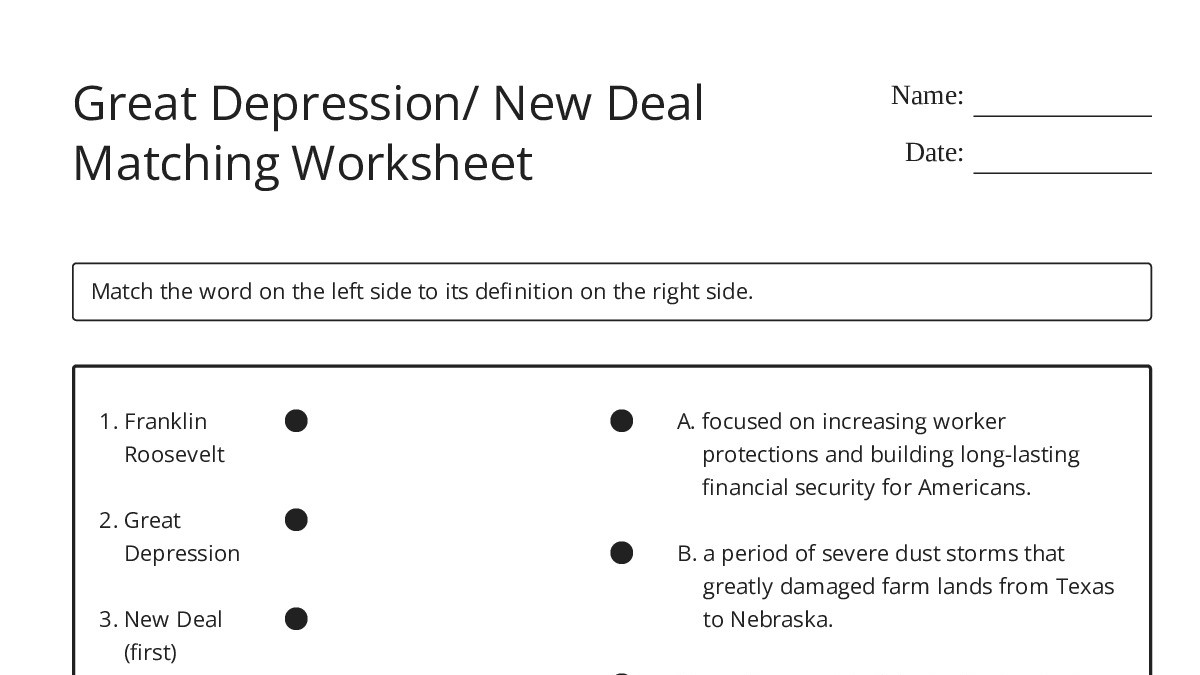 Great Depression/ New Deal Matching Worksheet - My Worksheet Maker ...
