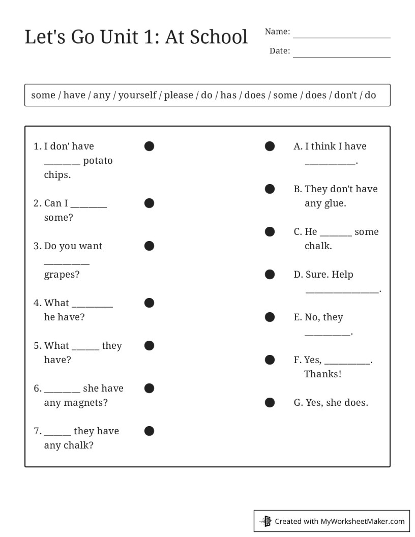 Let's Go Unit 1: At School - My Worksheet Maker: Create Your Own Worksheets