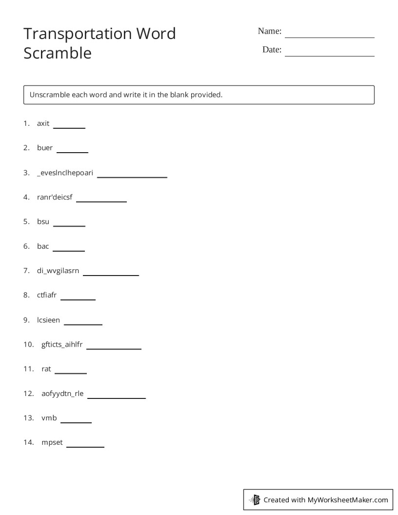 Transportation Word Scramble - My Worksheet Maker: Create Your Own ...