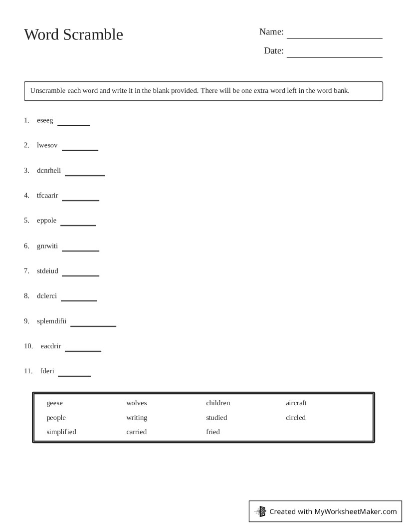 Word Scramble - My Worksheet Maker: Create Your Own Worksheets
