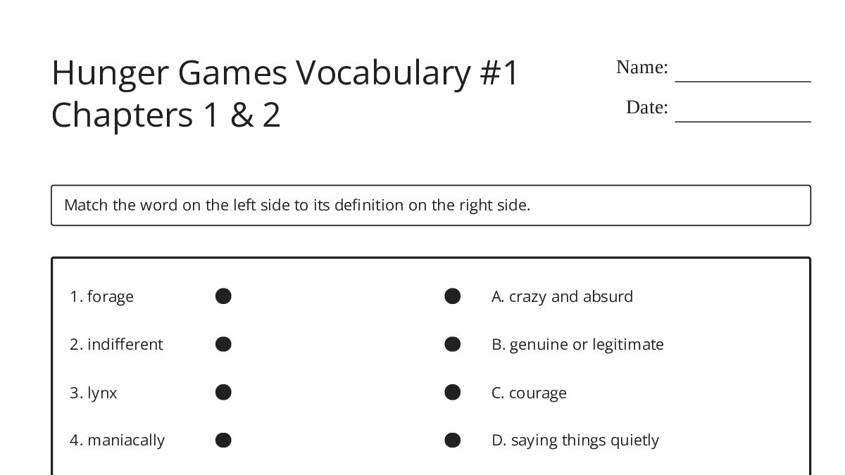 Hunger Games Vocabulary #1 Chapters 1 & 2 - My Worksheet Maker: Create ...