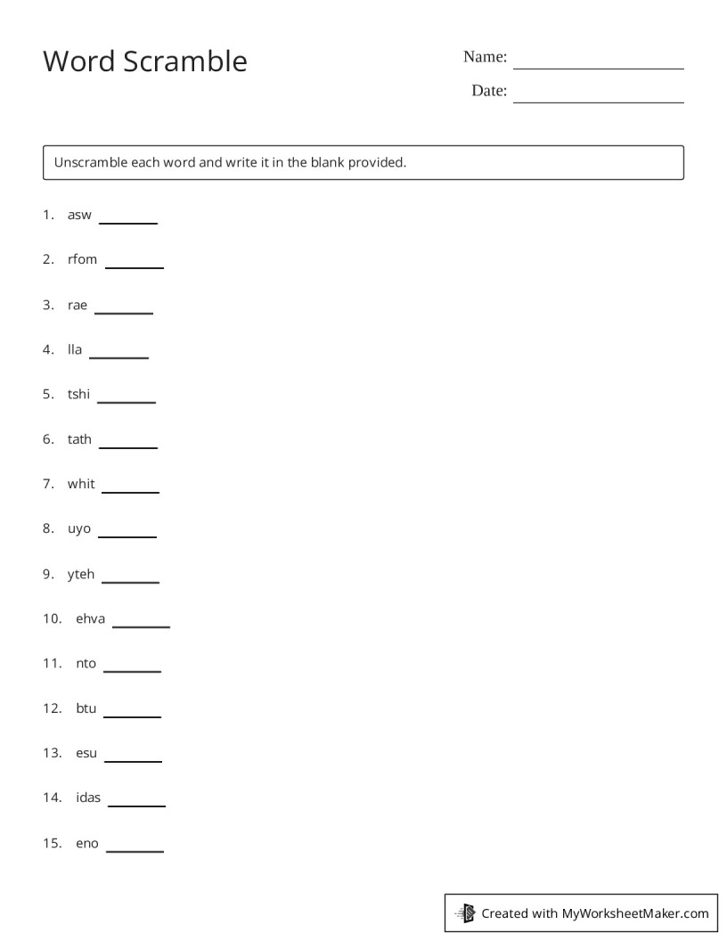 Word Scramble - My Worksheet Maker: Create Your Own Worksheets