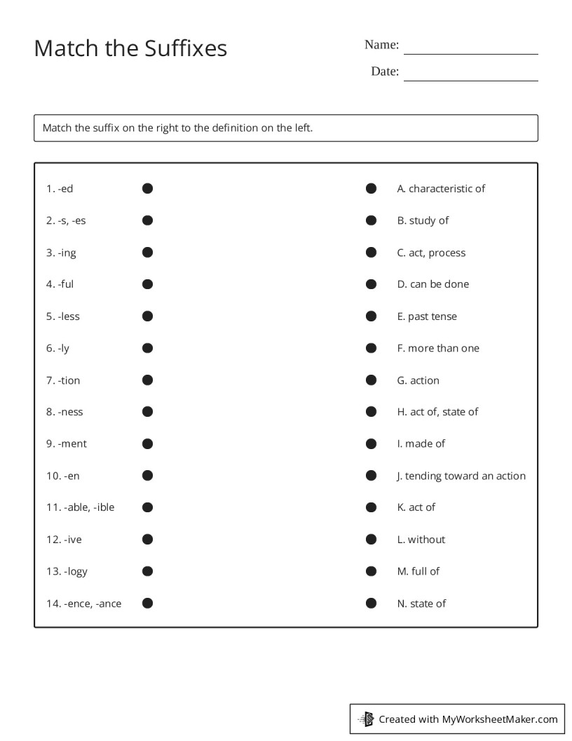 Match the Suffixes - My Worksheet Maker: Create Your Own Worksheets