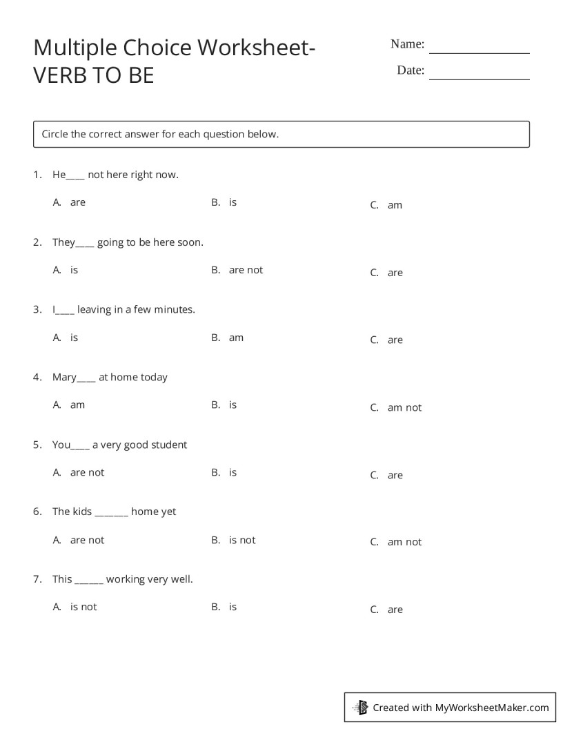 Multiple Choice Worksheet- VERB TO BE - My Worksheet Maker: Create Your ...