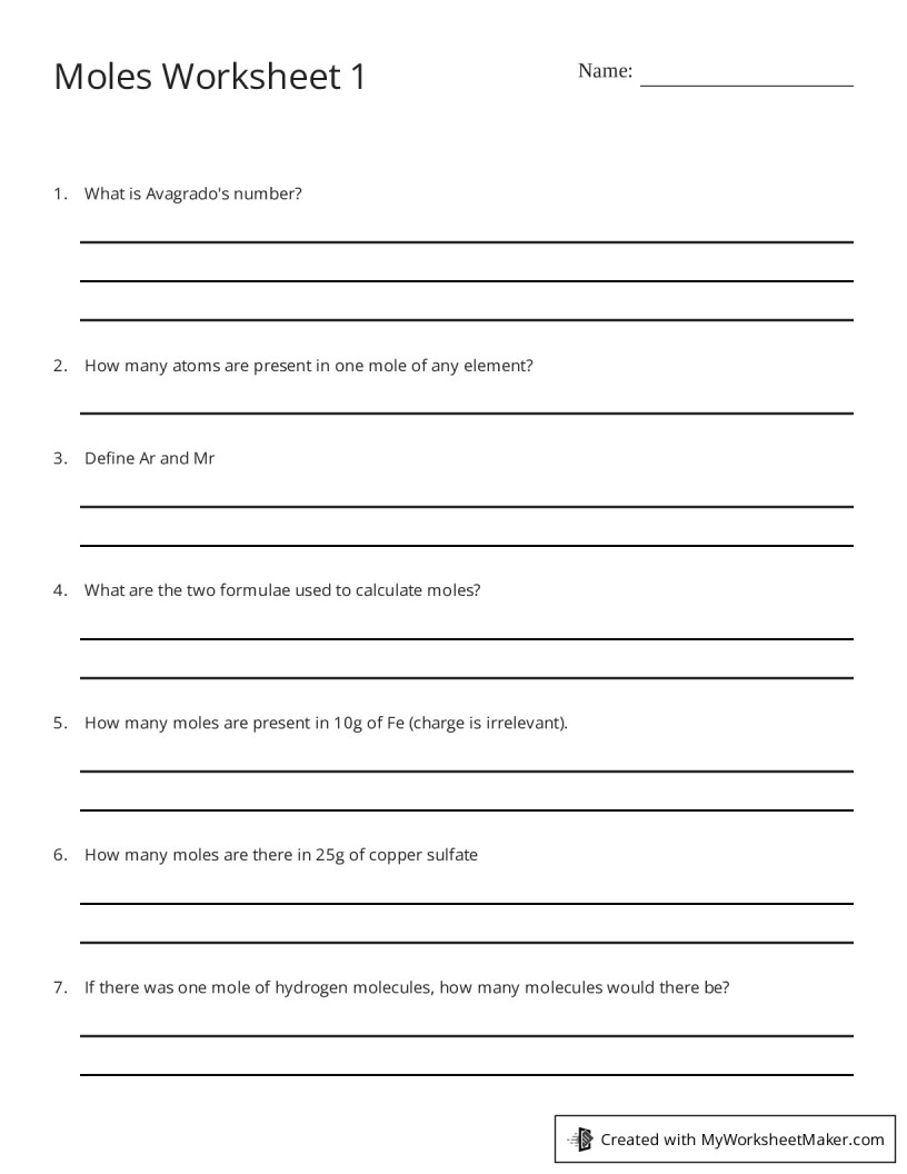 Moles Worksheet 1 - My Worksheet Maker: Create Your Own Worksheets