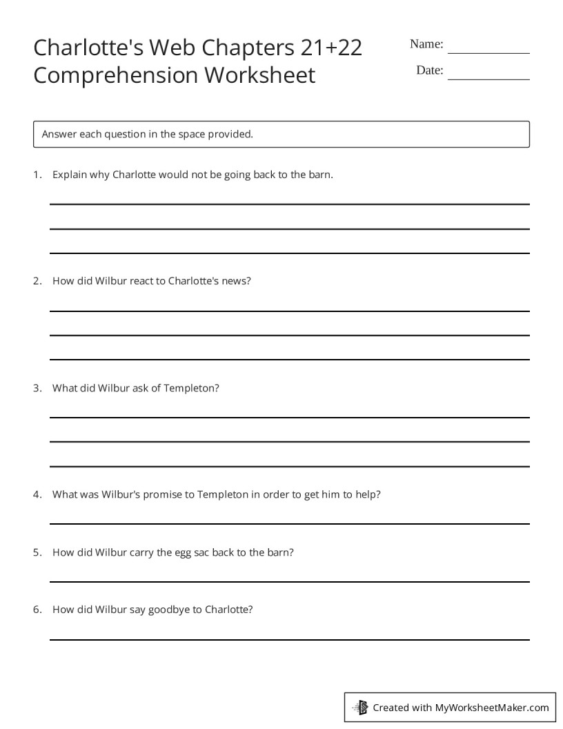Charlotte's Web Chapters 21+22 Comprehension Worksheet - My Worksheet ...