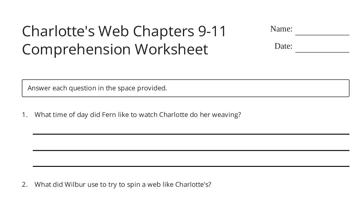 Charlotte's Web Chapters 9-11 Comprehension Worksheet - My Worksheet ...