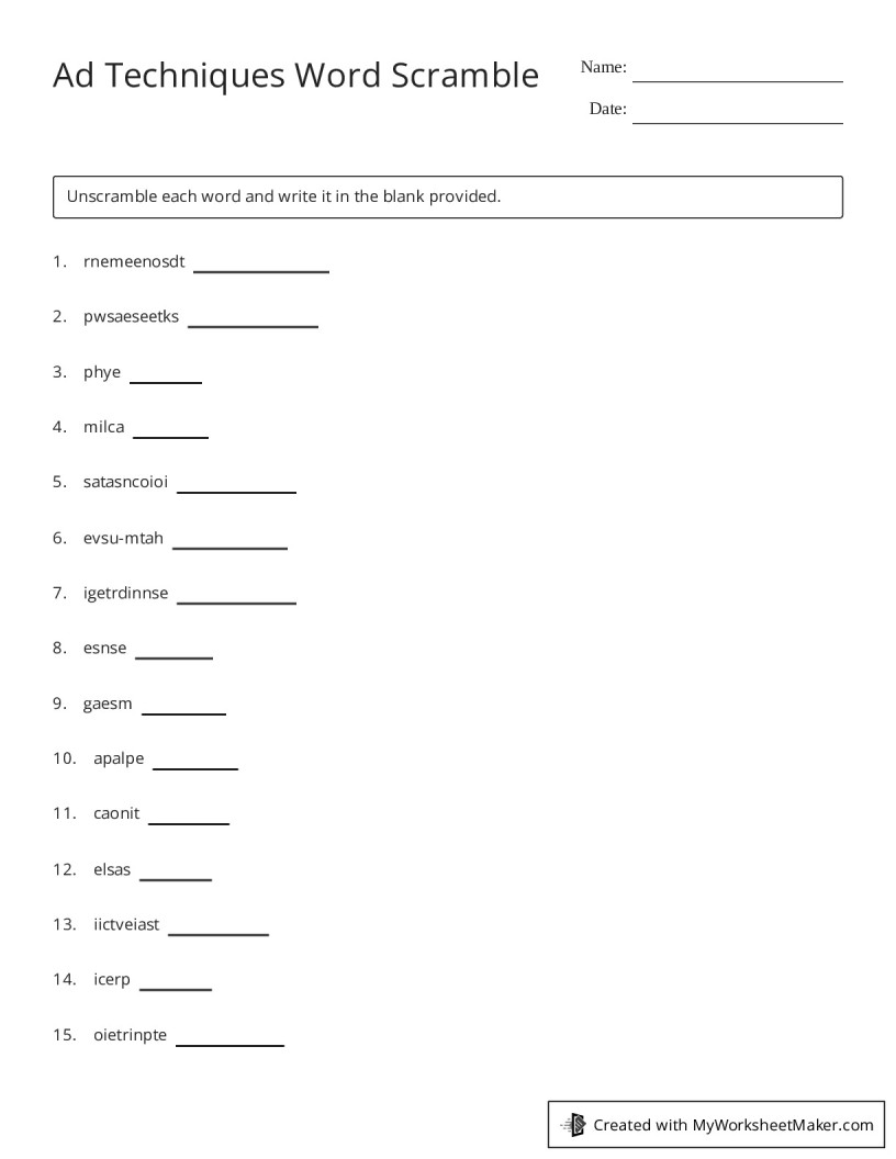 Ad Techniques Word Scramble - My Worksheet Maker: Create Your Own ...