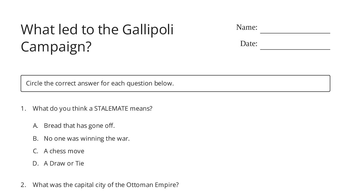 What led to the Gallipoli Campaign? - My Worksheet Maker: Create Your ...