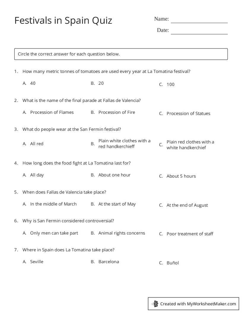 Festivals in Spain Quiz - My Worksheet Maker: Create Your Own Worksheets