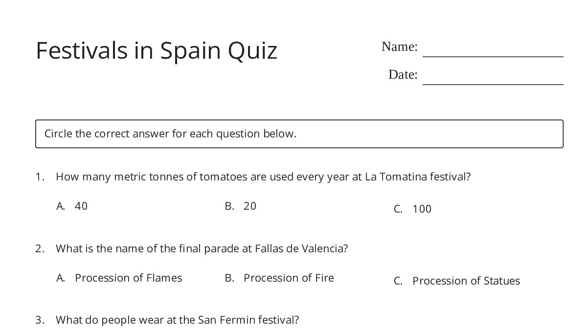 Festivals in Spain Quiz - My Worksheet Maker: Create Your Own Worksheets