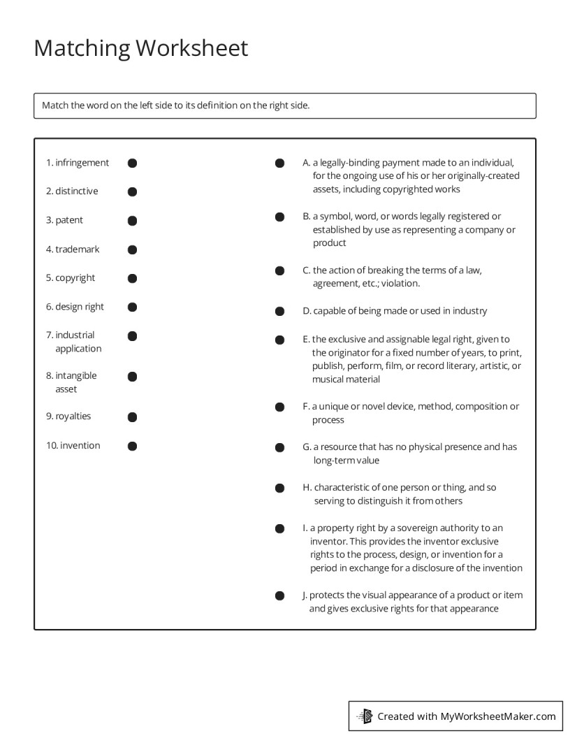 Matching Worksheet - My Worksheet Maker: Create Your Own Worksheets