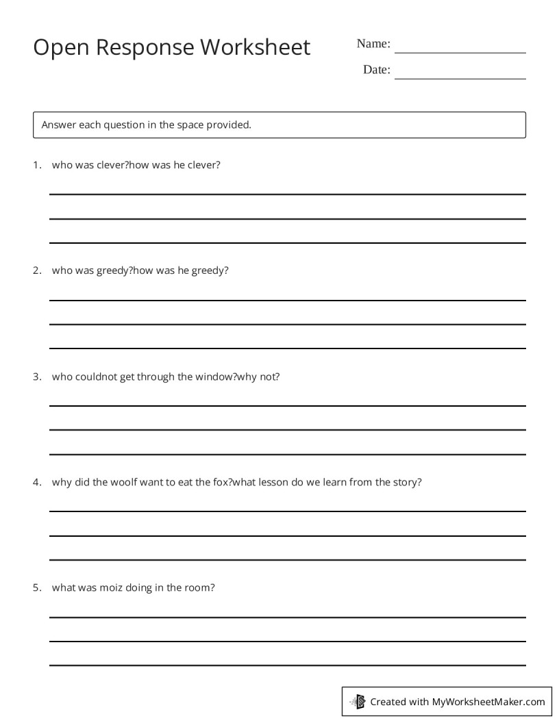 Open Response Worksheet - My Worksheet Maker: Create Your Own Worksheets