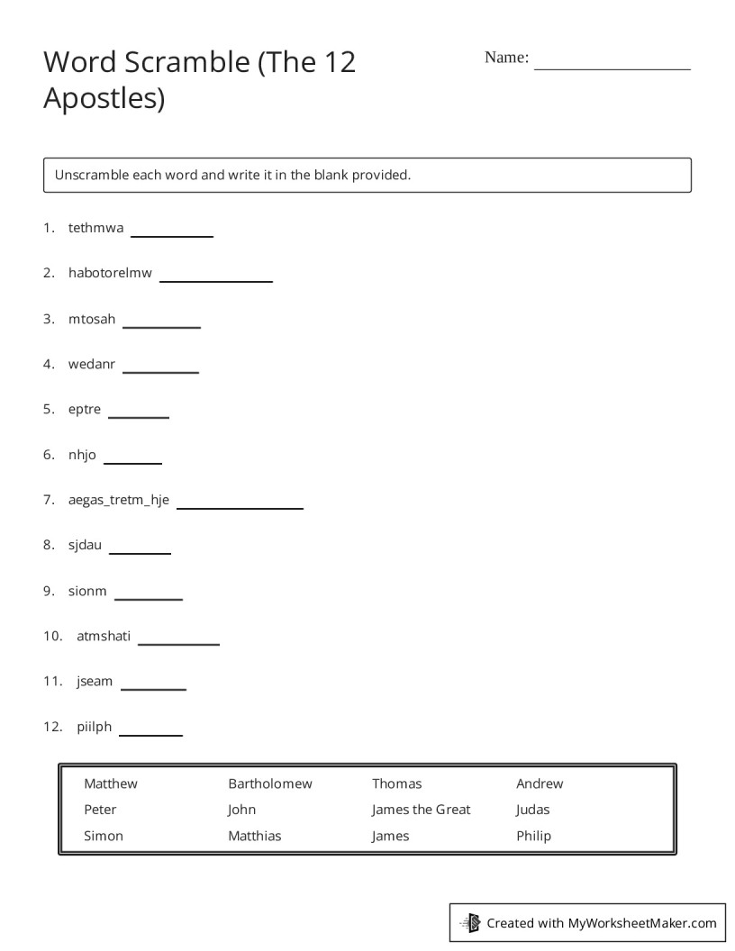 Word Scramble (The 12 Apostles) - My Worksheet Maker: Create Your Own ...