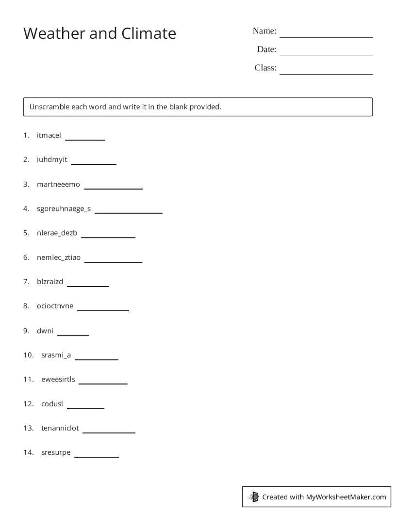 Weather and Climate - My Worksheet Maker: Create Your Own Worksheets