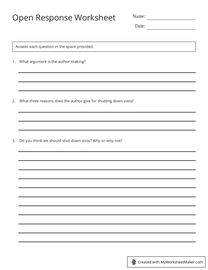 Open Response Worksheet - My Worksheet Maker: Create Your Own Worksheets