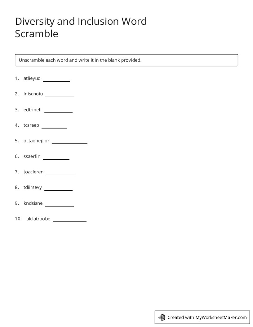 Diversity and Inclusion Word Scramble - My Worksheet Maker: Create Your ...