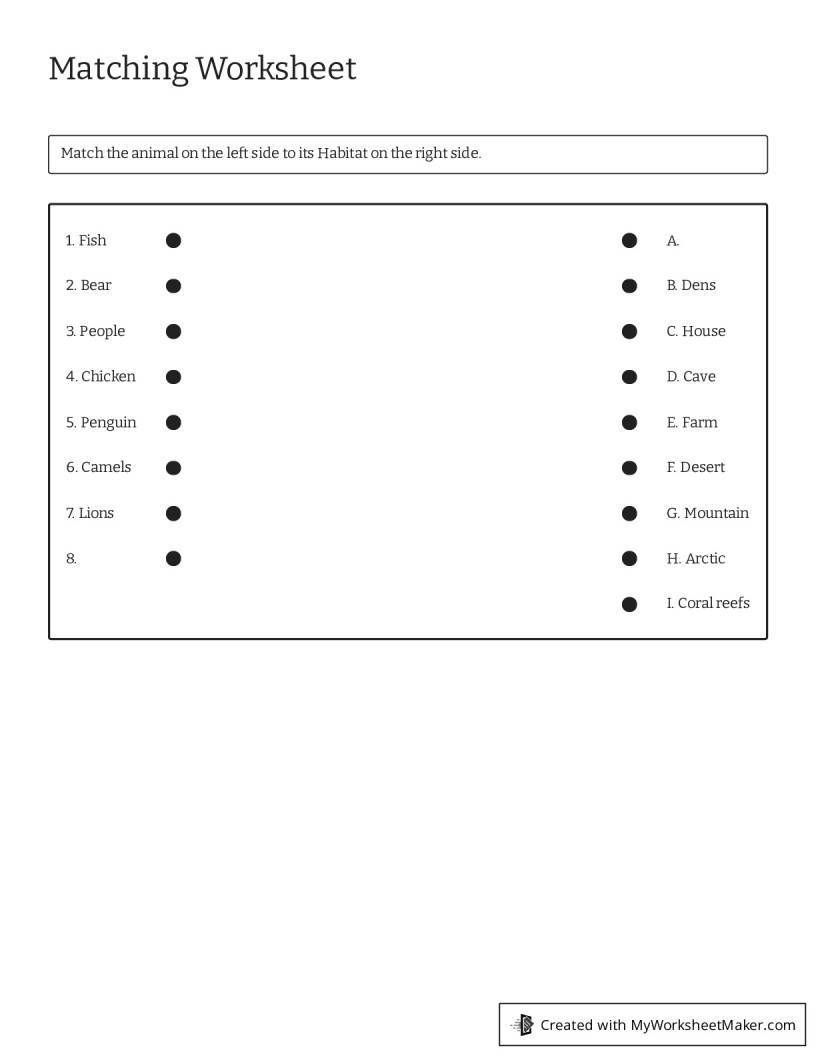 Matching Worksheet - My Worksheet Maker: Create Your Own Worksheets