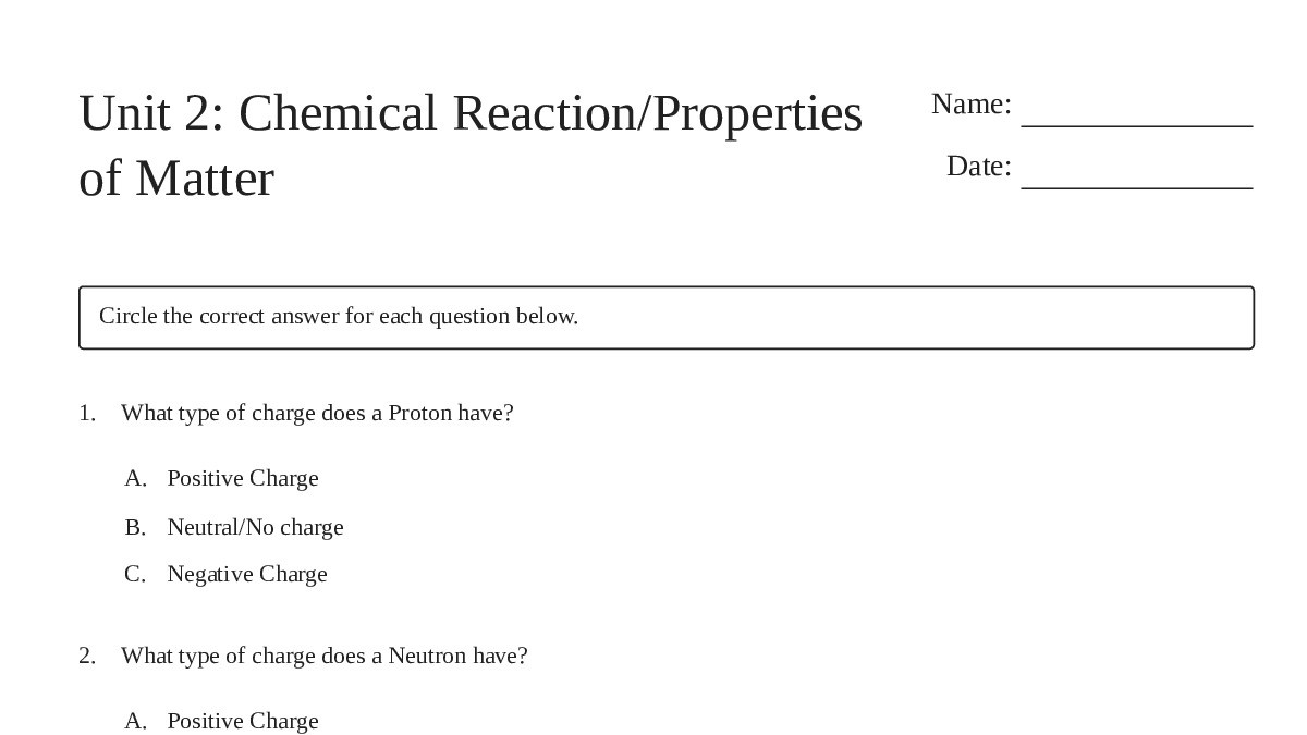 Unit 2: Chemical Reaction/Properties of Matter - My Worksheet Maker ...