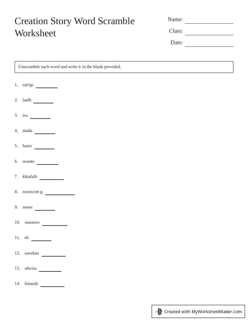 Creation Story Word Scramble Worksheet - My Worksheet Maker: Create ...
