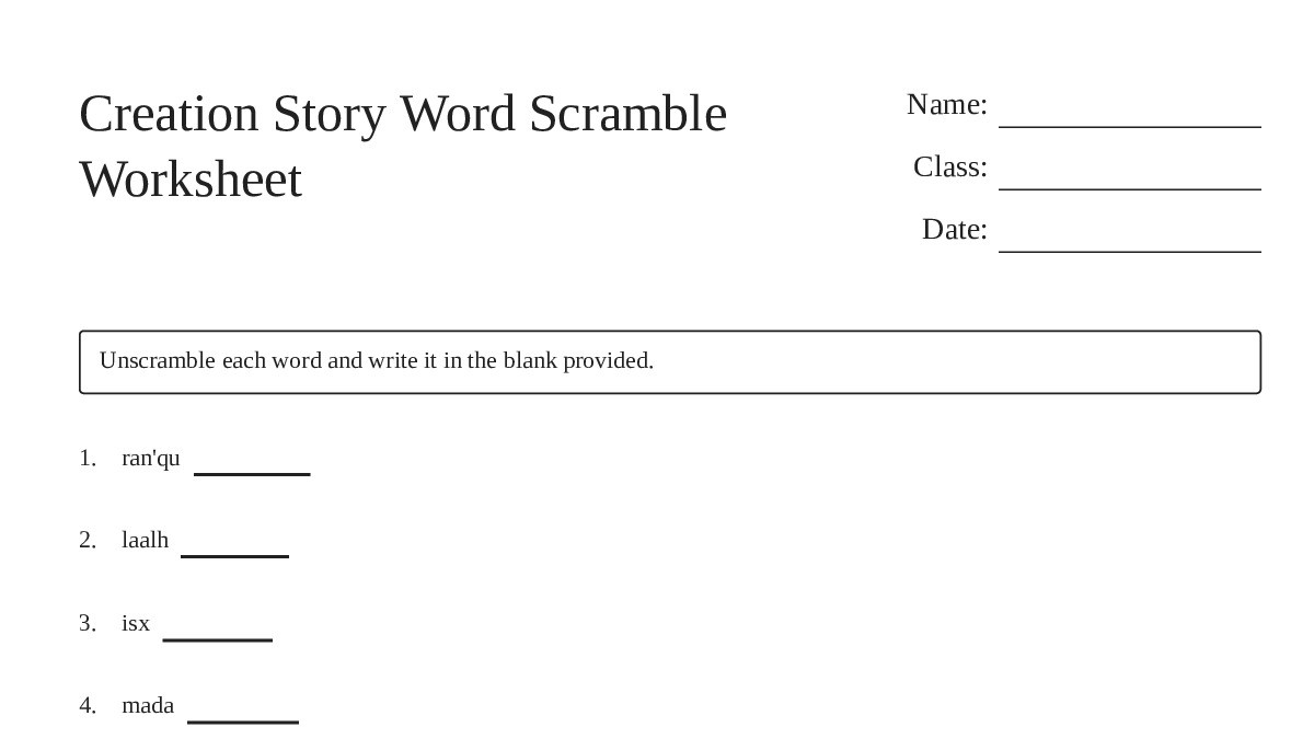 Creation Story Word Scramble Worksheet - My Worksheet Maker: Create ...