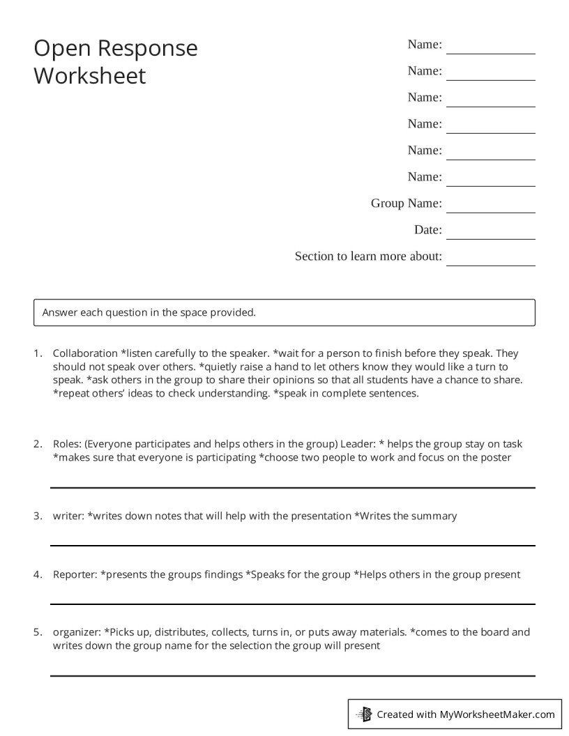 Open Response Worksheet - My Worksheet Maker: Create Your Own Worksheets