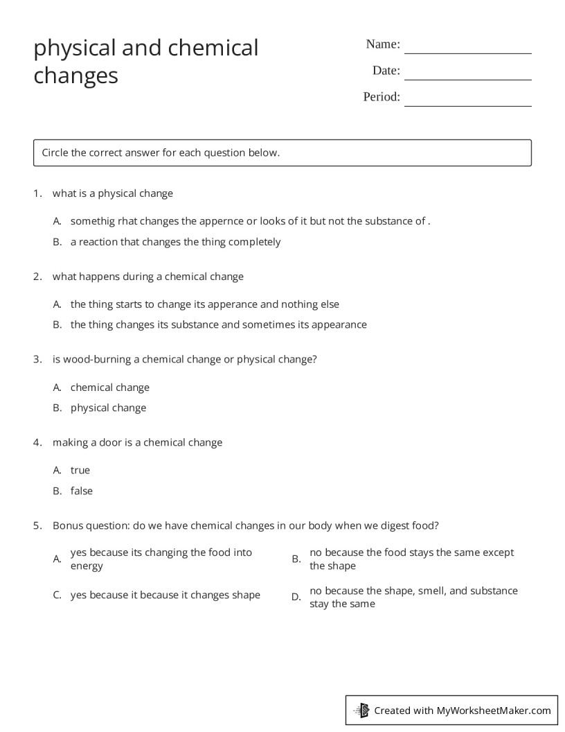 physical and chemical changes - My Worksheet Maker: Create Your Own ...