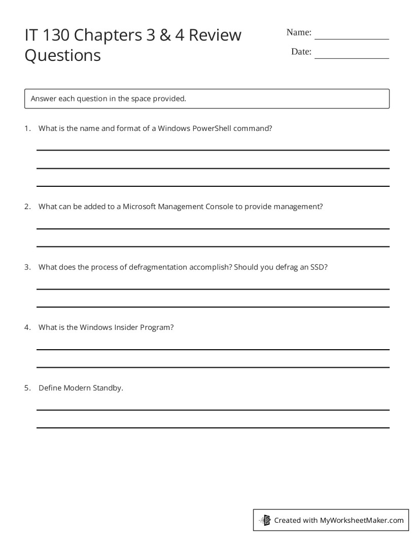 IT 130 Chapters 3 & 4 Review Questions - My Worksheet Maker: Create ...