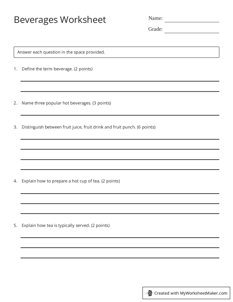Beverages Worksheet - My Worksheet Maker: Create Your Own Worksheets