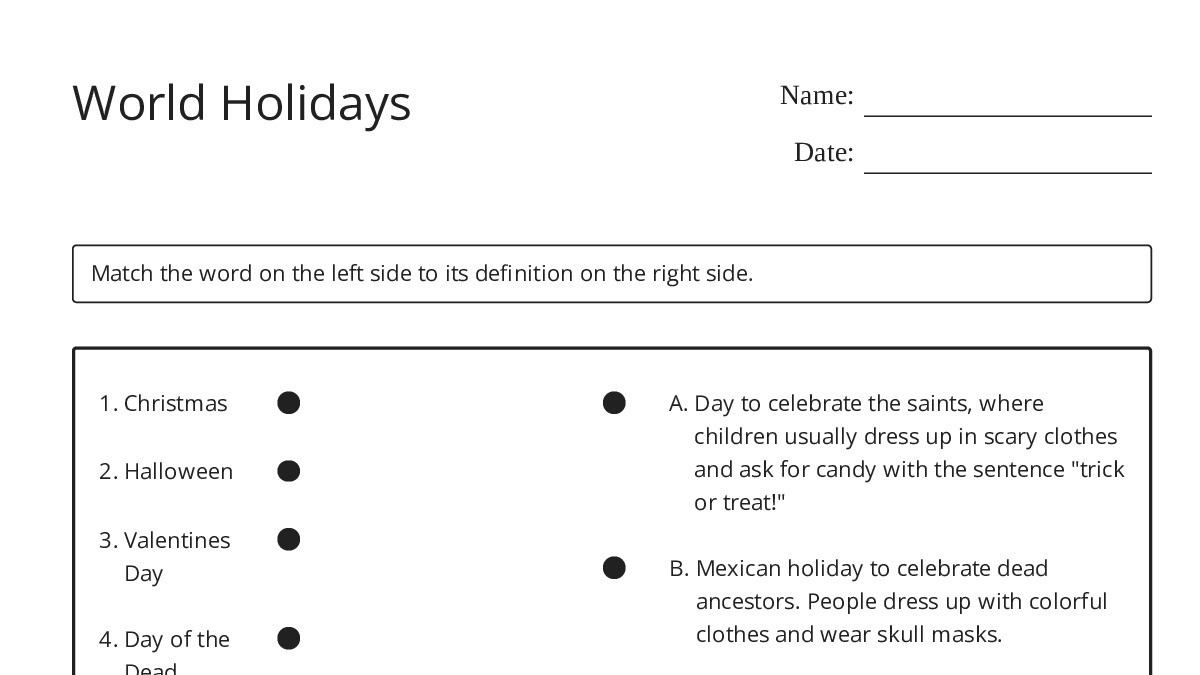 World Holidays - My Worksheet Maker: Create Your Own Worksheets