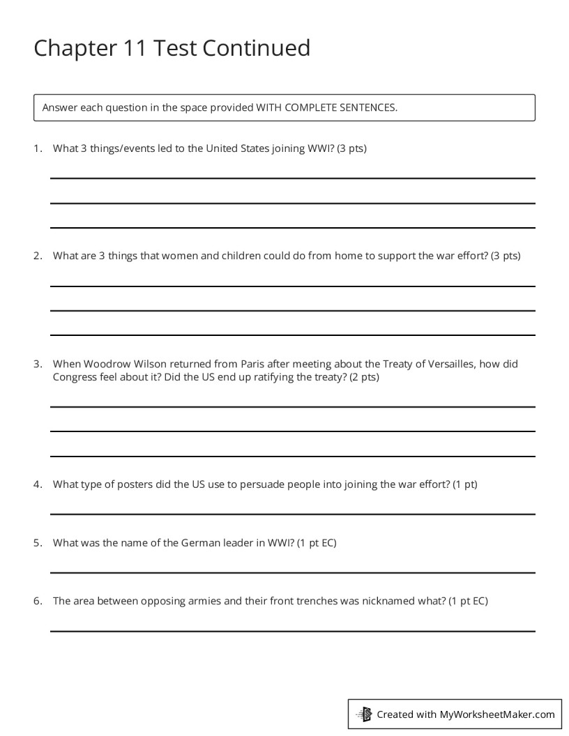 Chapter 11 Test Continued - My Worksheet Maker: Create Your Own Worksheets