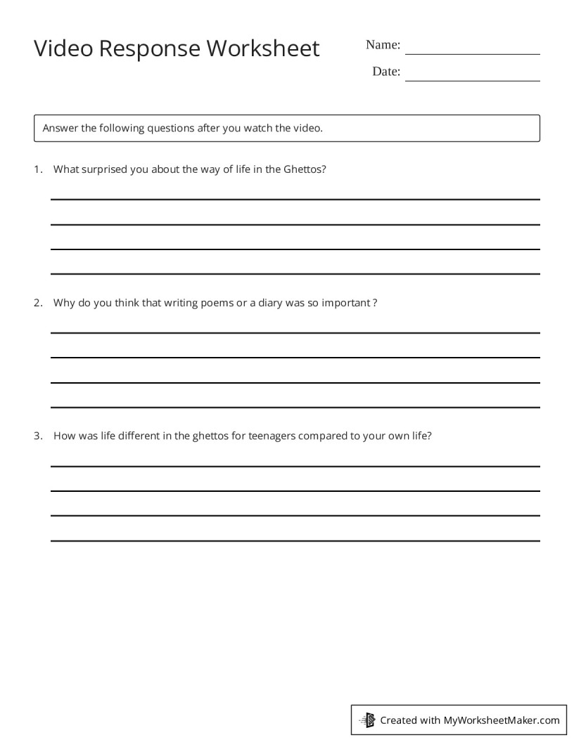 Video Response Worksheet - My Worksheet Maker: Create Your Own Worksheets