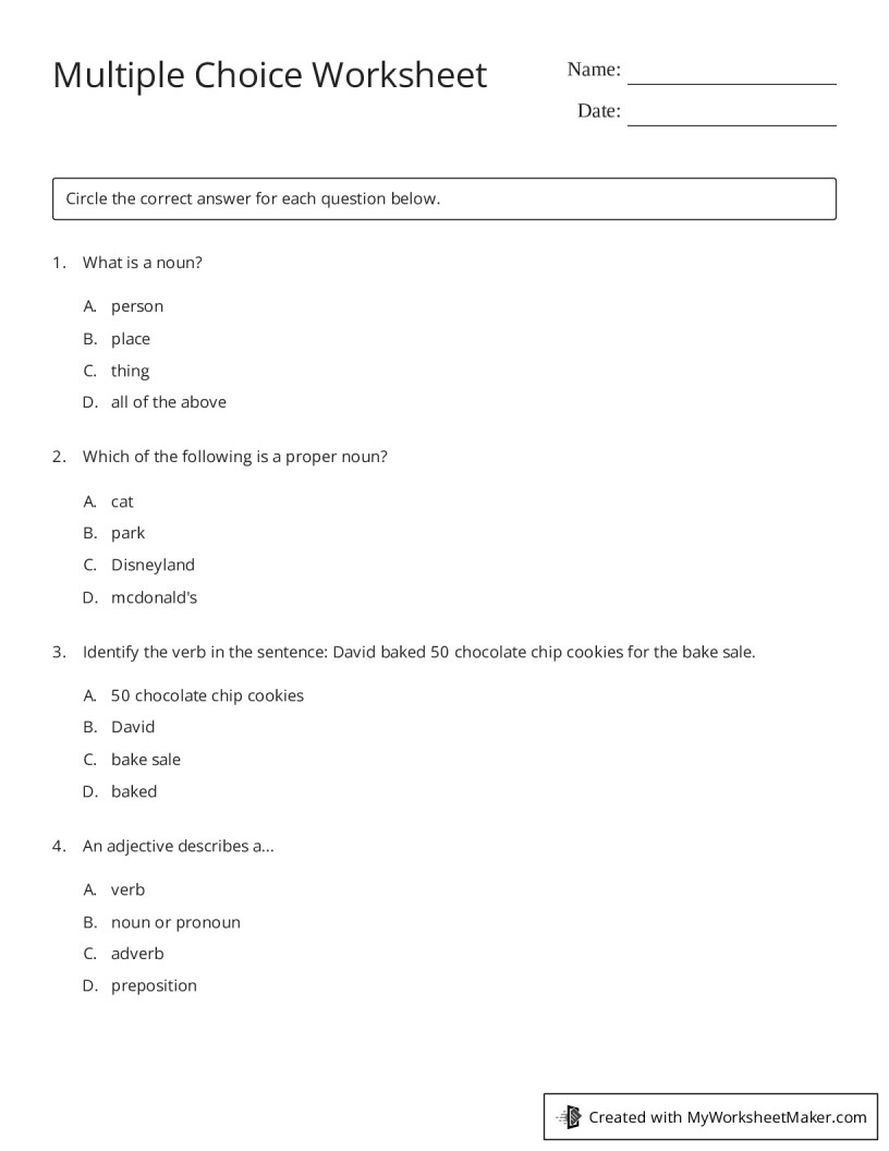 Multiple Choice Worksheet - My Worksheet Maker: Create Your Own Worksheets