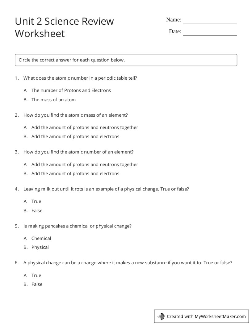 Unit 2 Science Review Worksheet - My Worksheet Maker: Create Your Own Worksheets