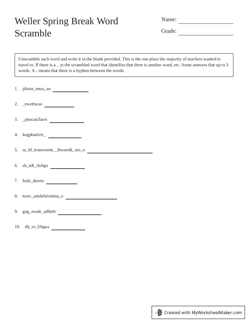 Weller Spring Break Word Scramble - My Worksheet Maker: Create Your Own ...