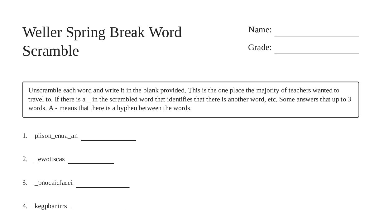 Weller Spring Break Word Scramble - My Worksheet Maker: Create Your Own ...