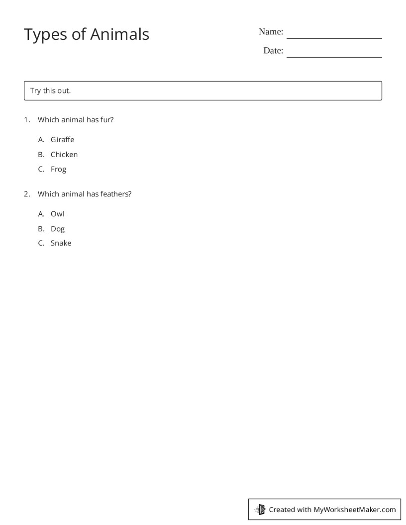 Types of Animals - My Worksheet Maker: Create Your Own Worksheets