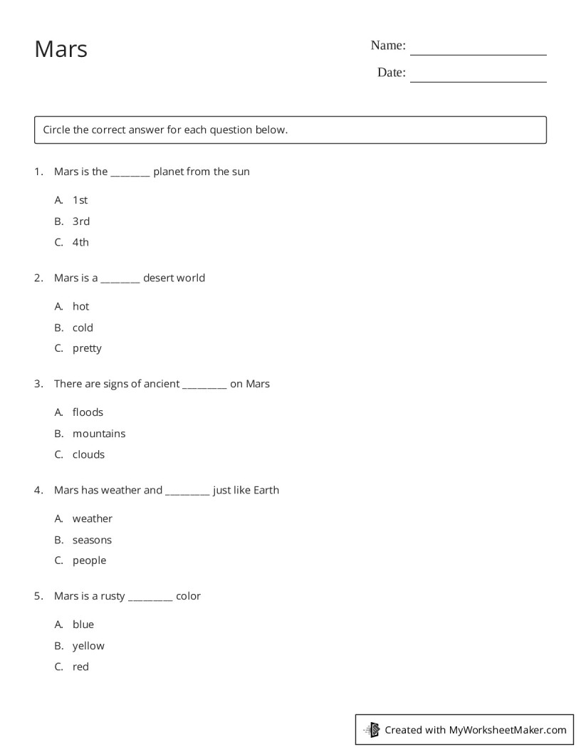 Mars - My Worksheet Maker: Create Your Own Worksheets