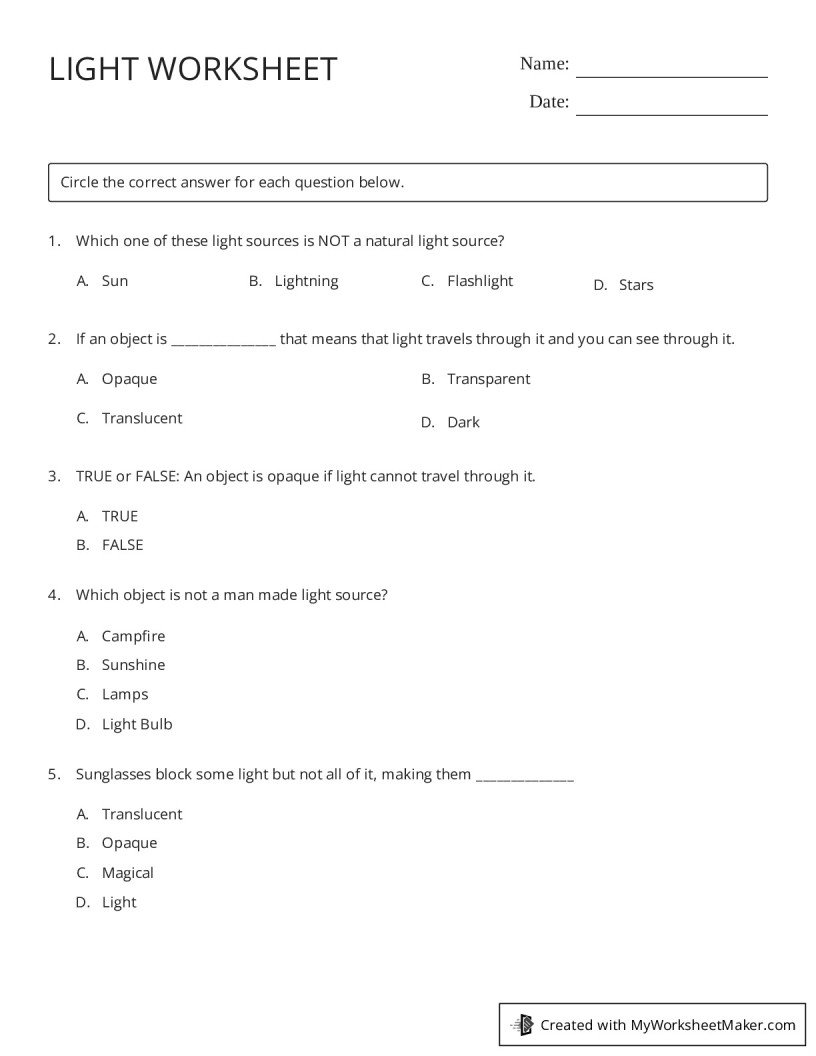 LIGHT WORKSHEET - My Worksheet Maker: Create Your Own Worksheets