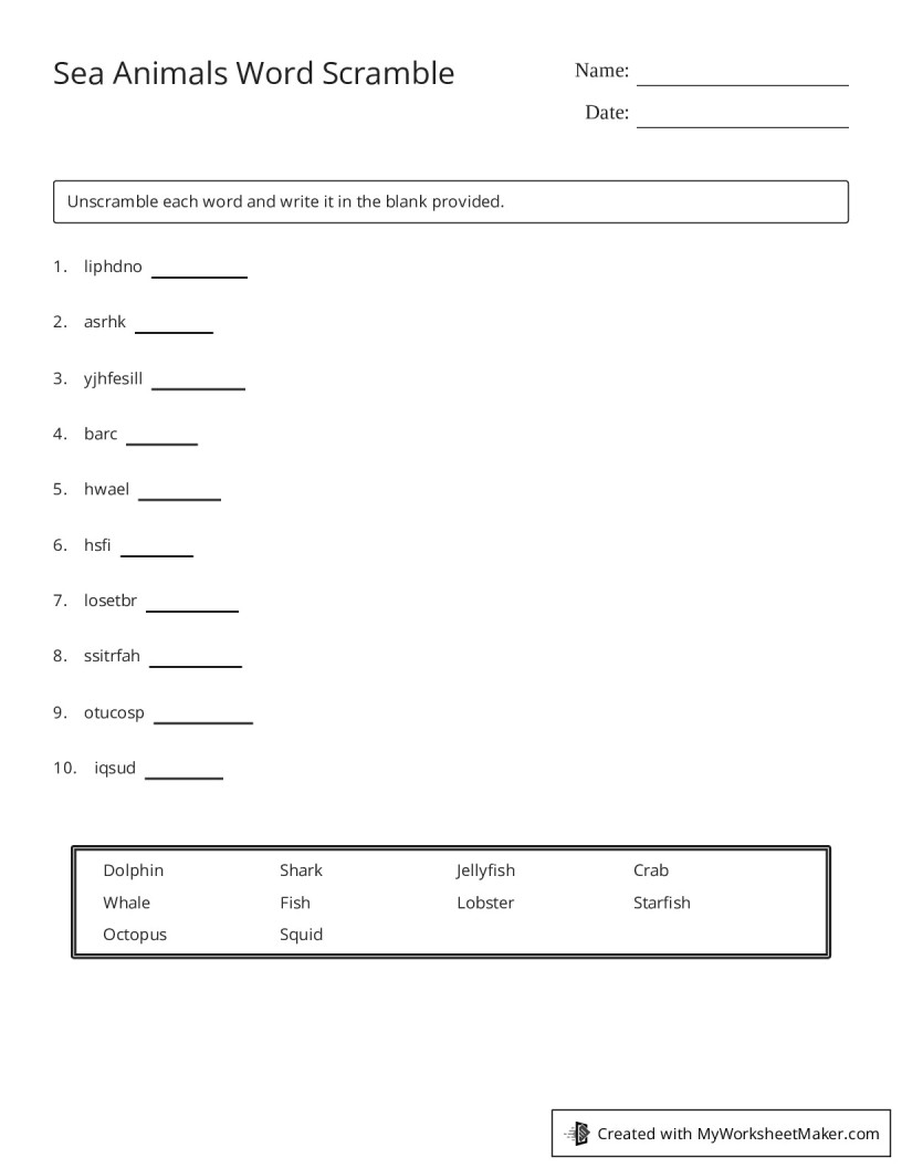 Sea Animals Word Scramble - My Worksheet Maker: Create Your Own Worksheets