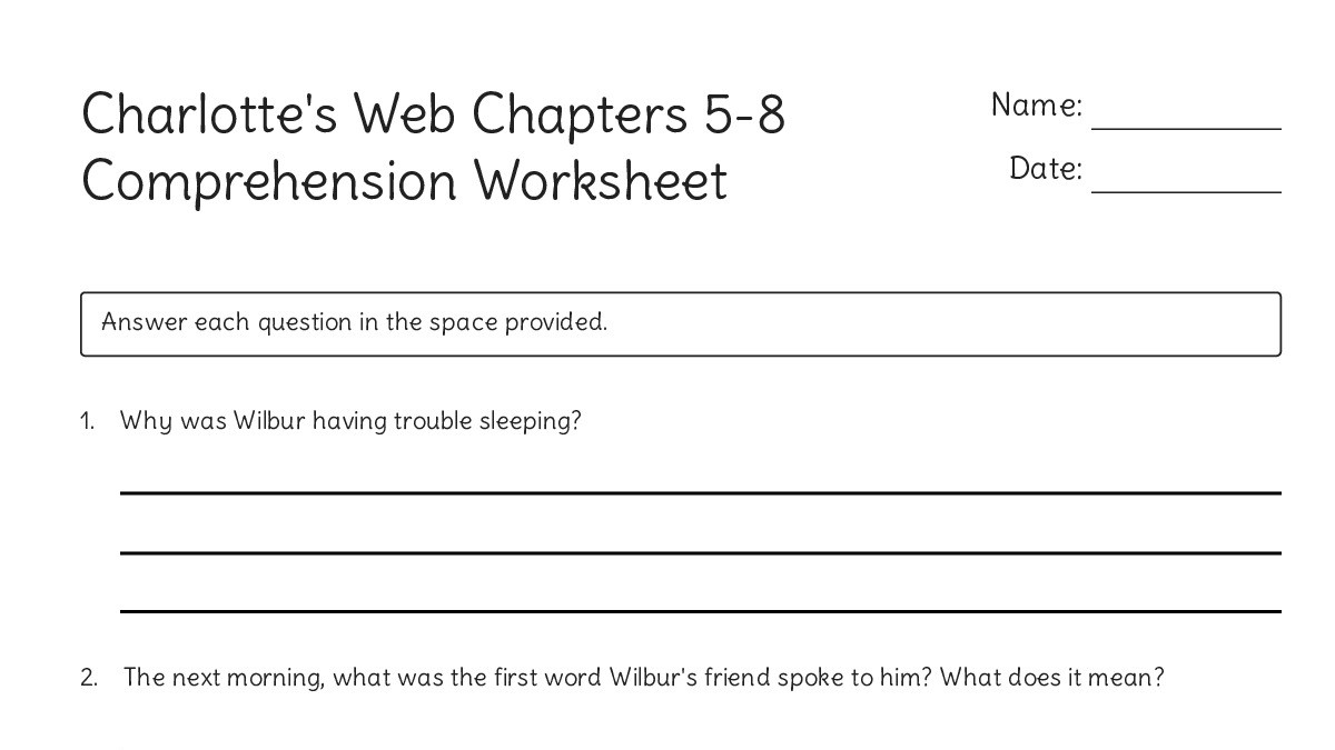Charlotte's Web Chapters 5-8 Comprehension Worksheet - My Worksheet ...