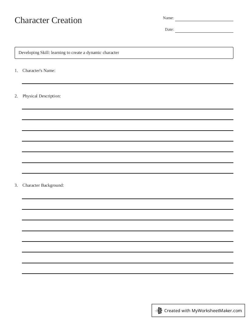 Character Creation - My Worksheet Maker: Create Your Own Worksheets