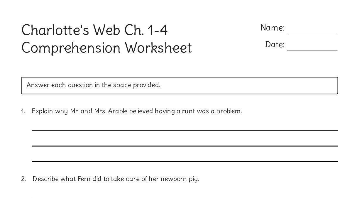 Charlotte's Web Ch. 1-4 Comprehension Worksheet - My Worksheet Maker ...