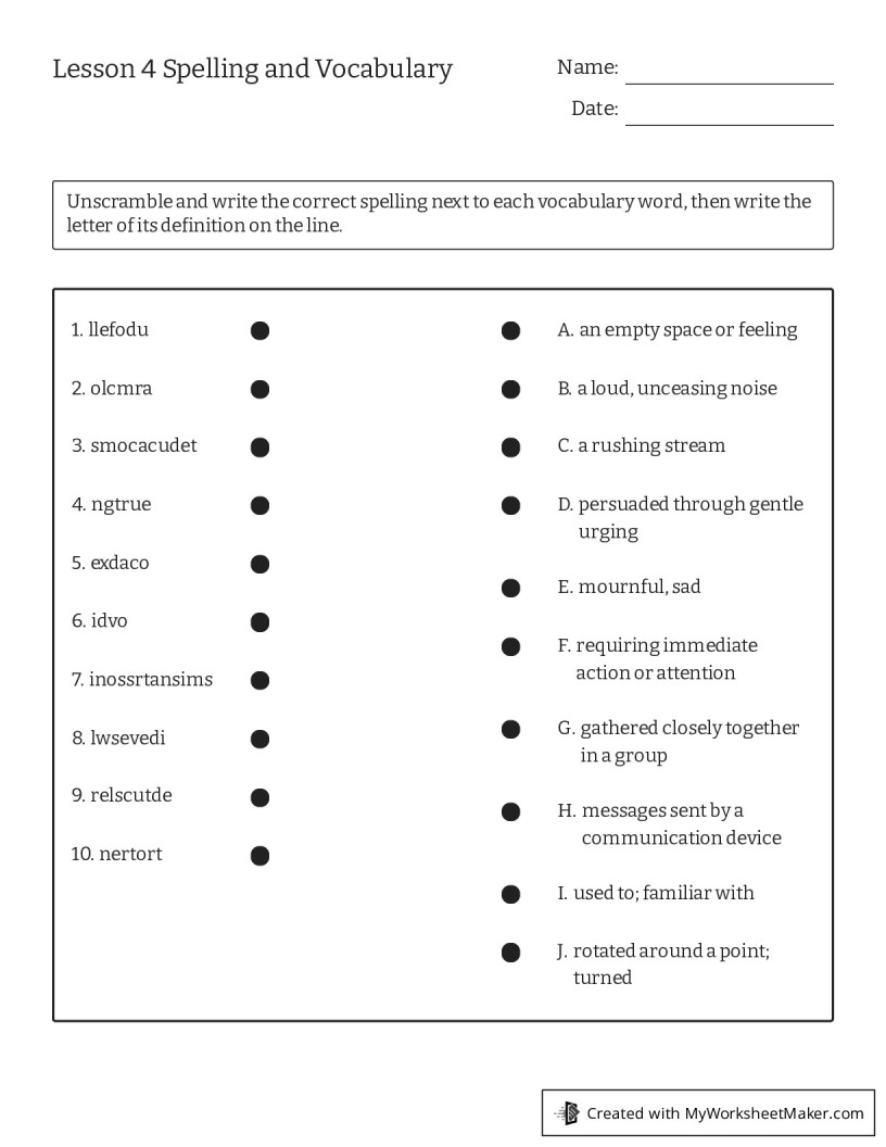 Lesson 4 Spelling and Vocabulary - My Worksheet Maker: Create Your Own ...