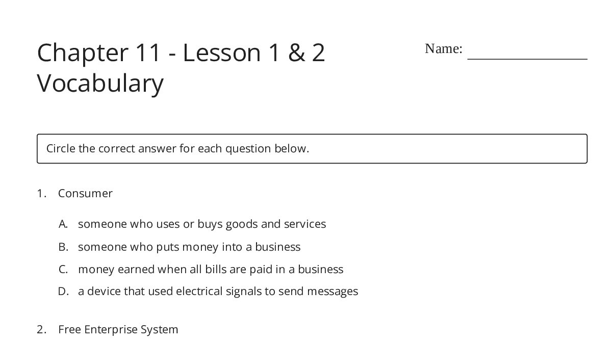 Chapter 11 - Lesson 1 & 2 Vocabulary - My Worksheet Maker: Create Your ...