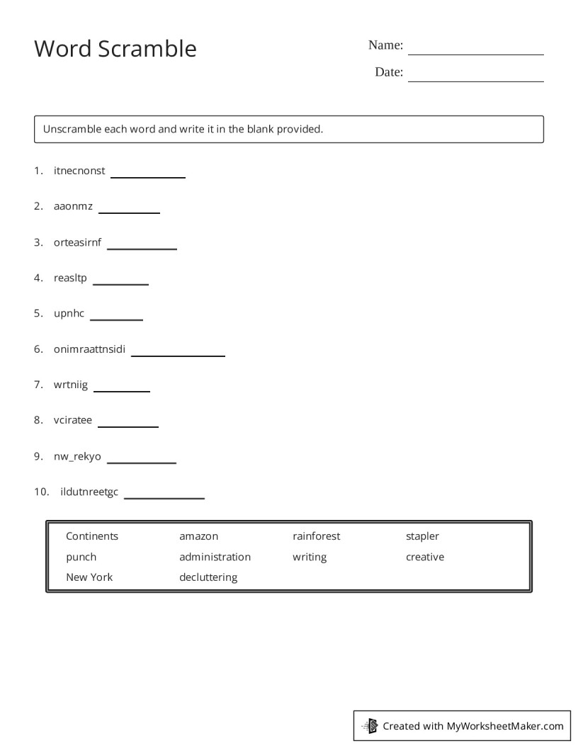 Word Scramble - My Worksheet Maker: Create Your Own Worksheets
