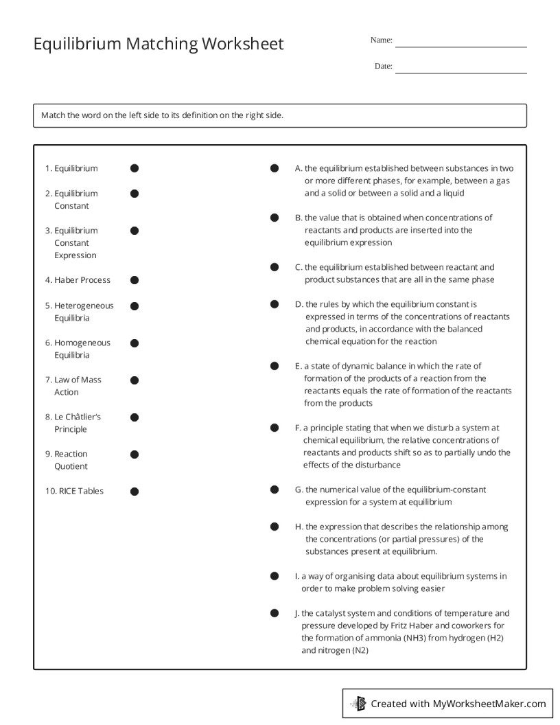 Equilibrium Matching Worksheet - My Worksheet Maker: Create Your Own ...